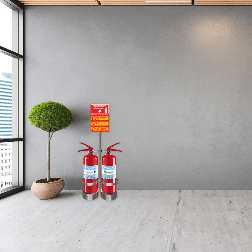 ป้ายสแตนเลสถังดับเพลิงชนิดวางถังคู่ สามารถเปลี่ยนหน้าป้ายได้
